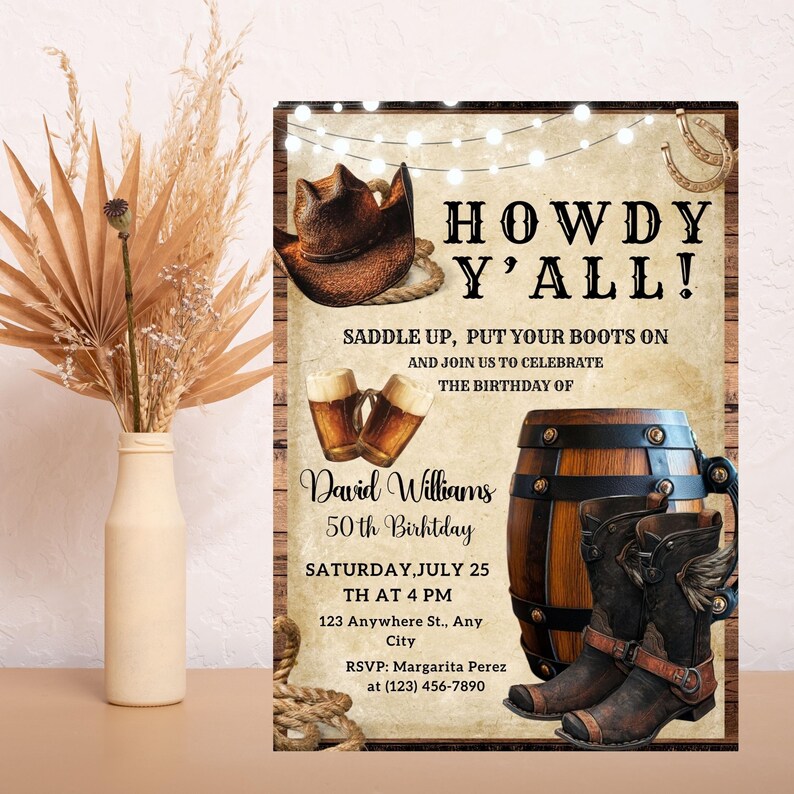 Editable 50TH Howdy Y'all Birthday Party Invitation -western Cowboy ...