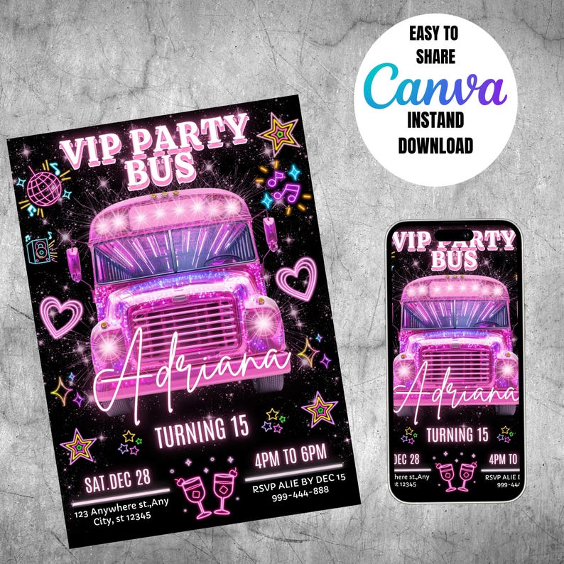 15TH Neon Party Bus Birthday Invitation,glow Retro VIP Party Bus Invite ...