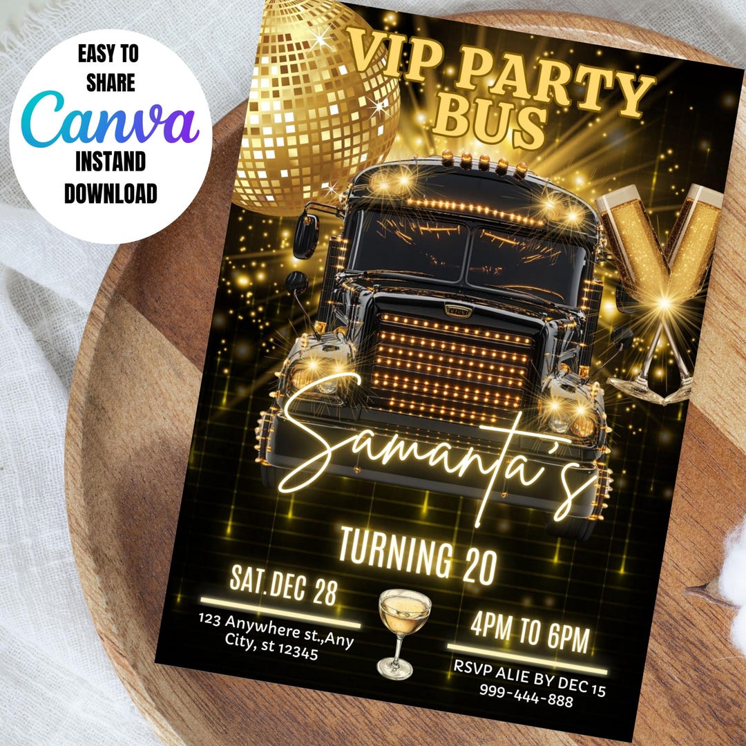Gold Party Bus Birthday Invitation,vip Party Bus Invite,editable ...
