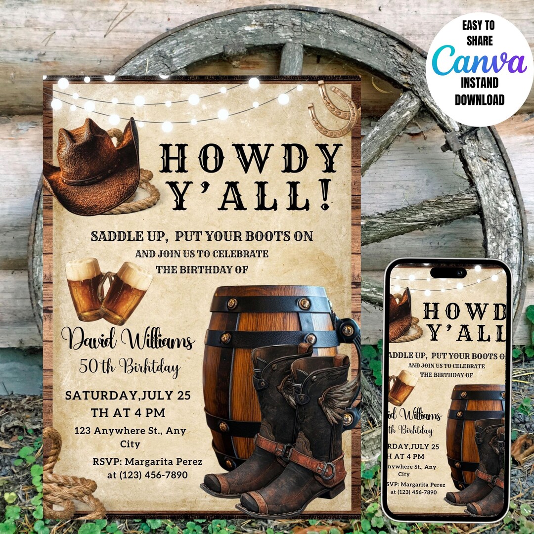 Editable 50TH Howdy Y'all Birthday Party Invitation -western Cowboy ...