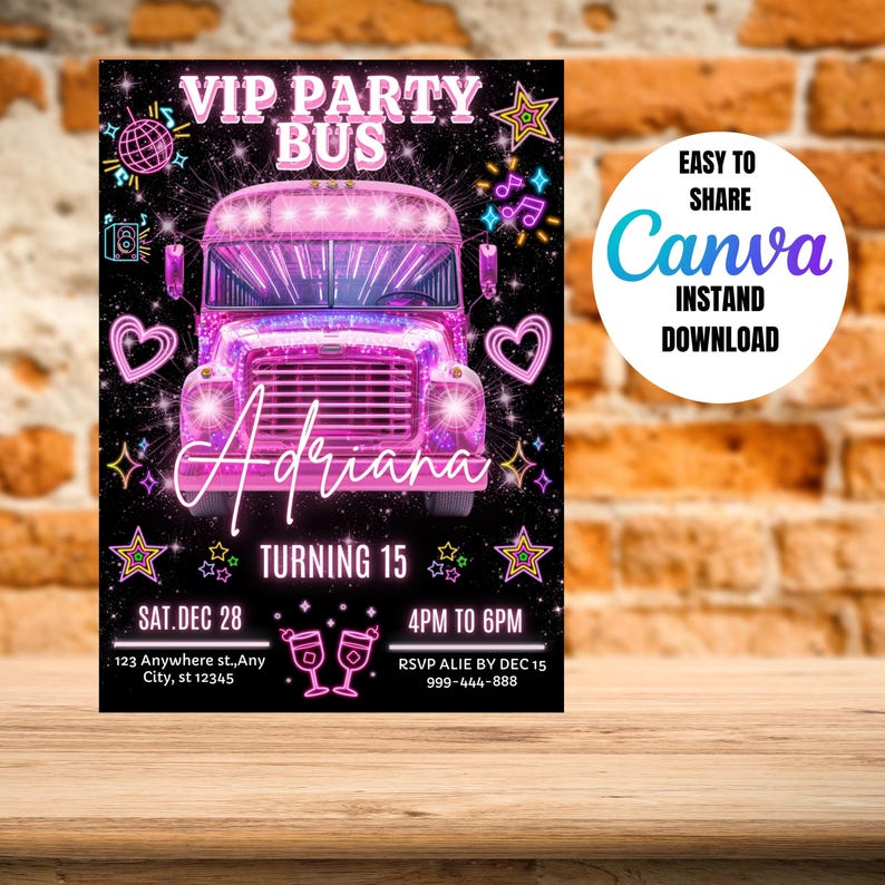 15TH Neon Party Bus Birthday Invitation,glow Retro VIP Party Bus Invite ...