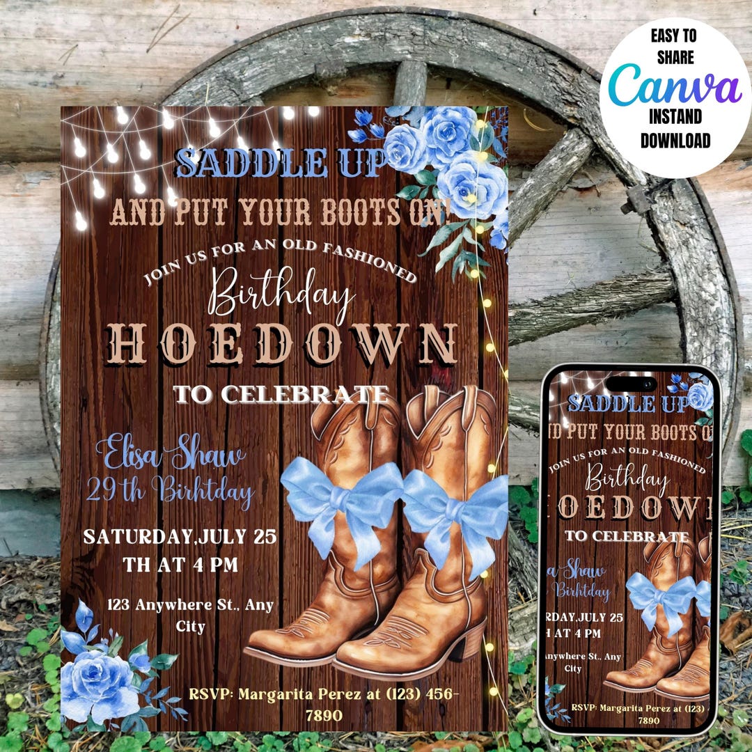 Edititable Blue Floral Hoedown Birthday Invitation Canva Template ...