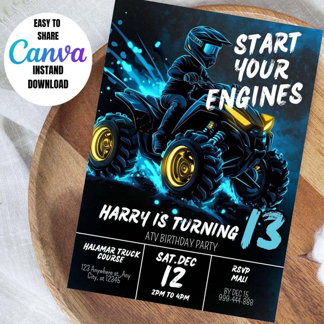 13TH ATV Birthday Invitation,quad Bike Party Ticket,editable Canva ...