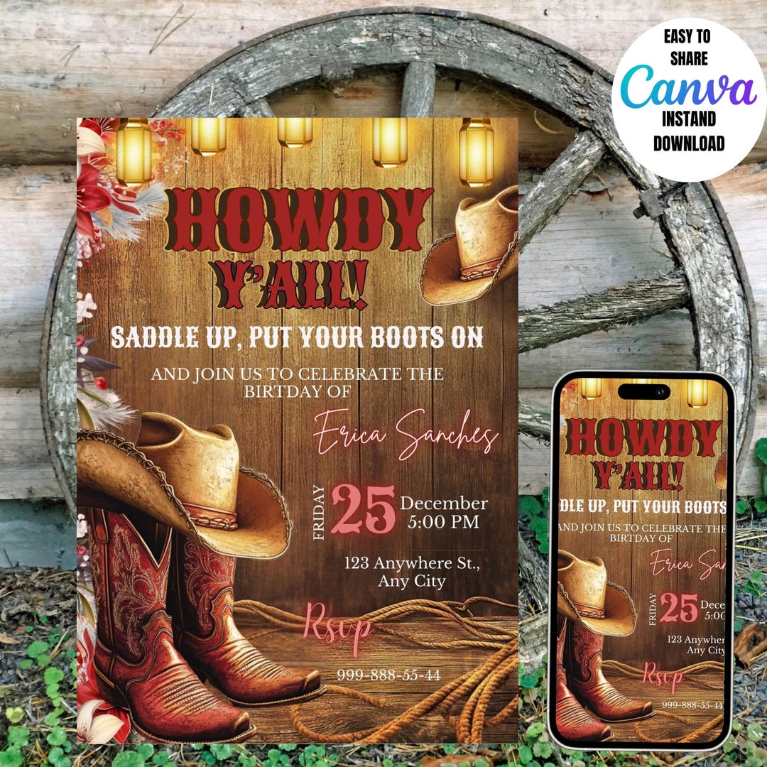 25th Editable Red Howdy Y'all Birthday Party Invitation,western Floral ...