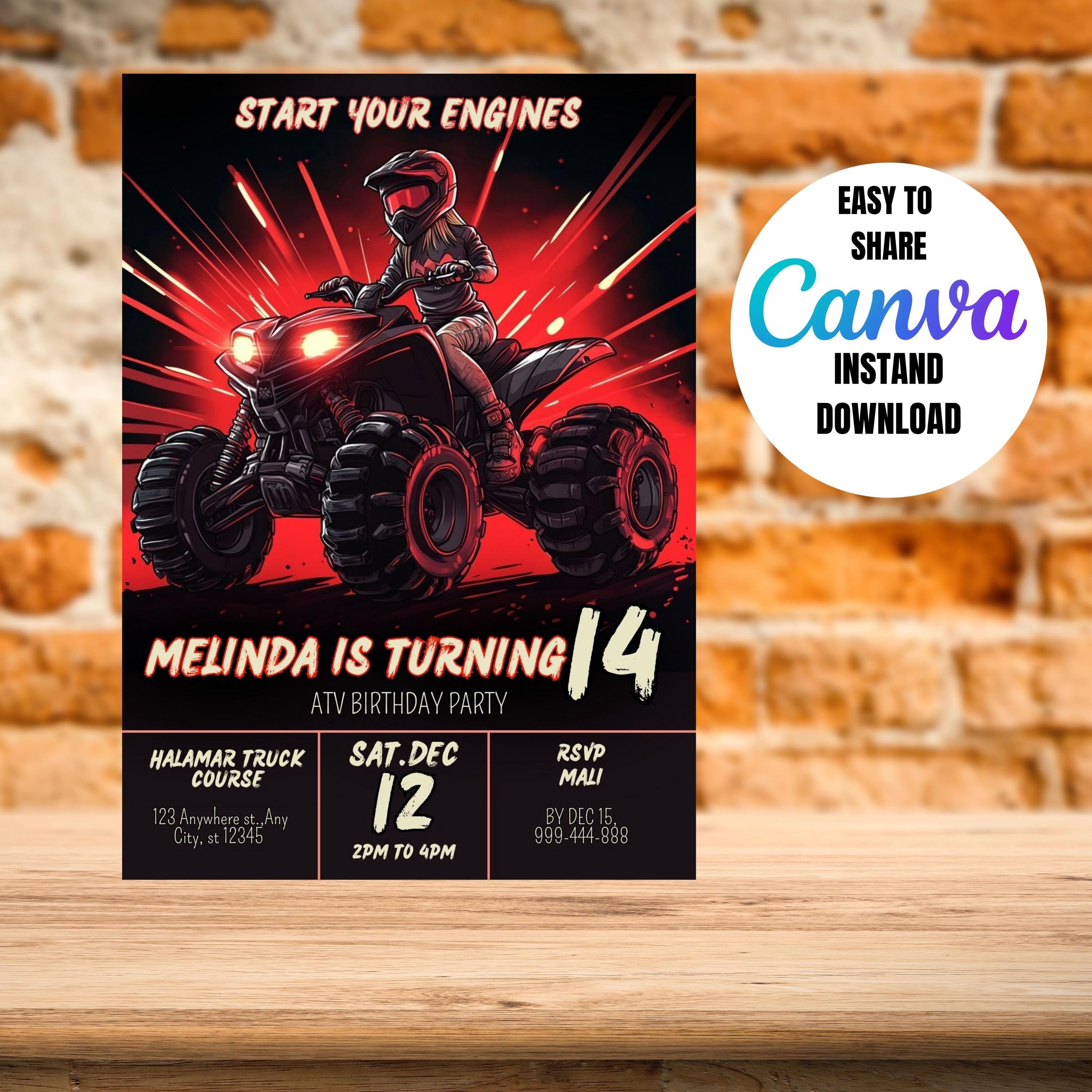 Editable ATV Quad Bike 14TH Birthday Party Canva Template Off-road ...