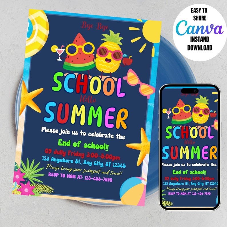 Bye Bye School Party Invitation Hello Summer Card Editable School’s Out ...