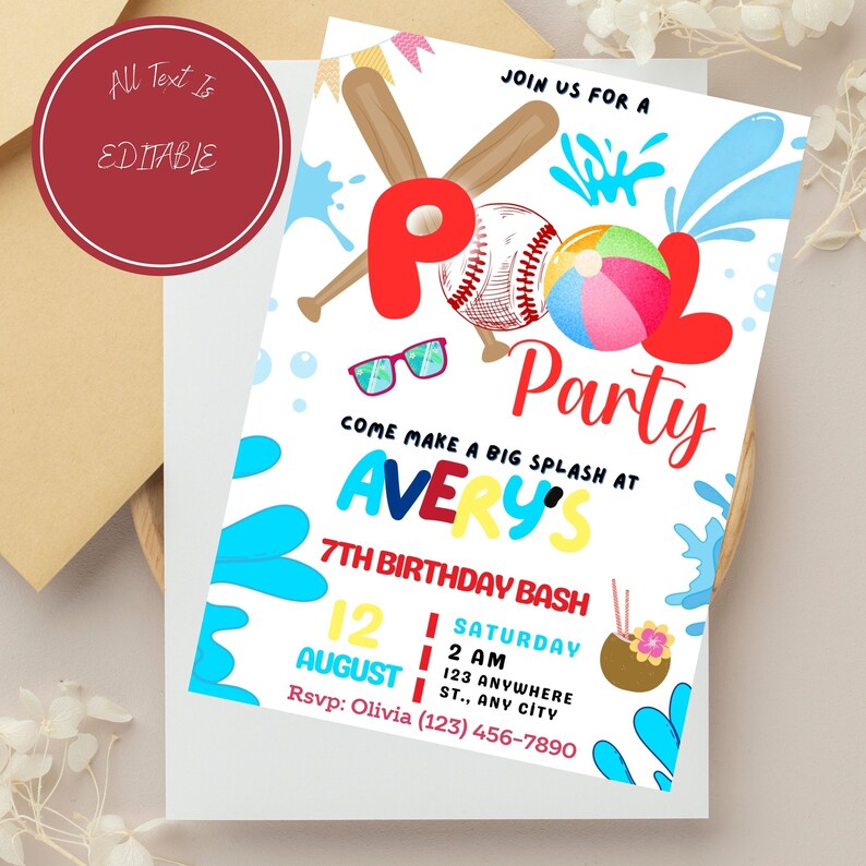 Editable Baseball Pool Birthday Party Invitation,sports Birthday,summer ...