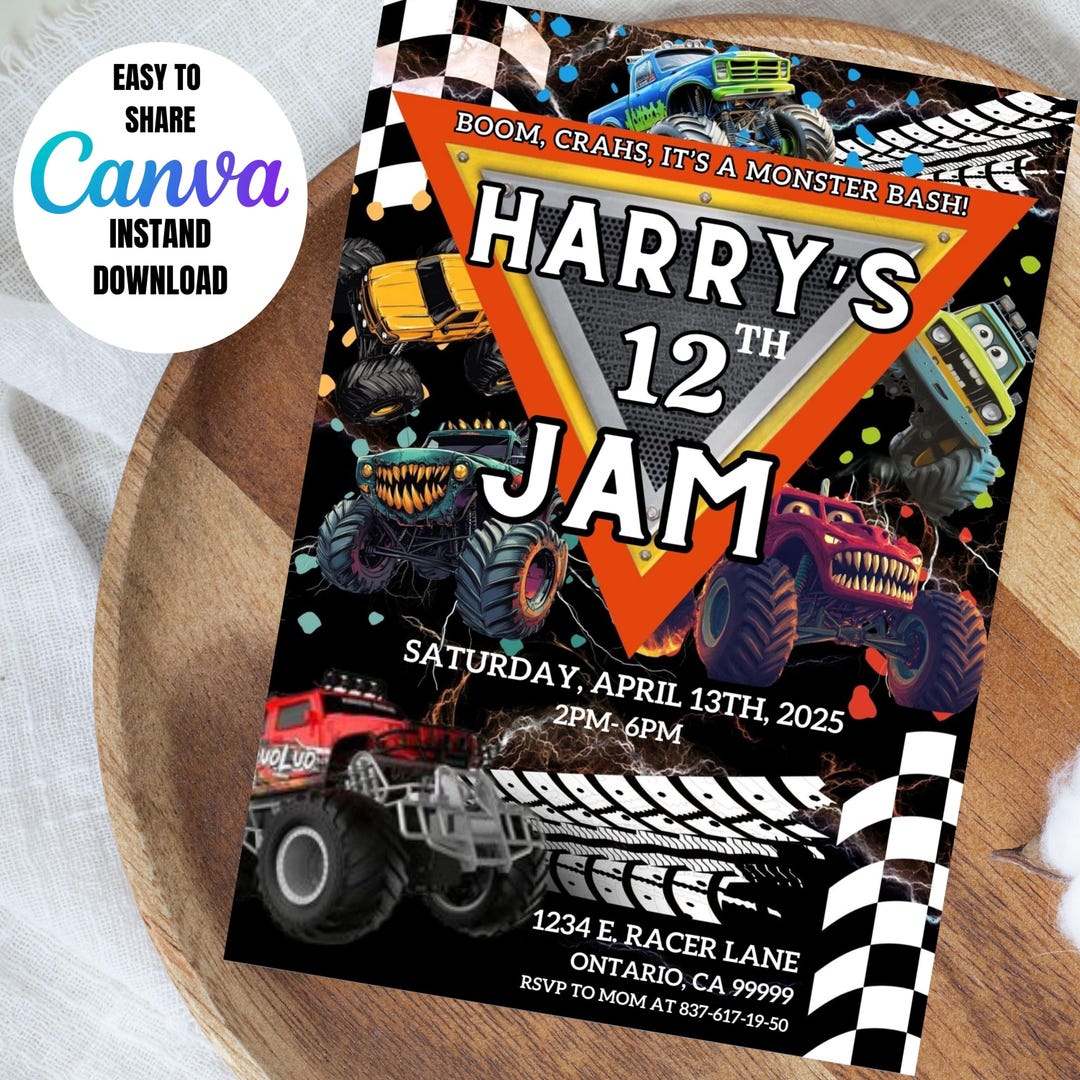 12TH Monster Truck Birthday Invitation,editable Truck Age,canva ...
