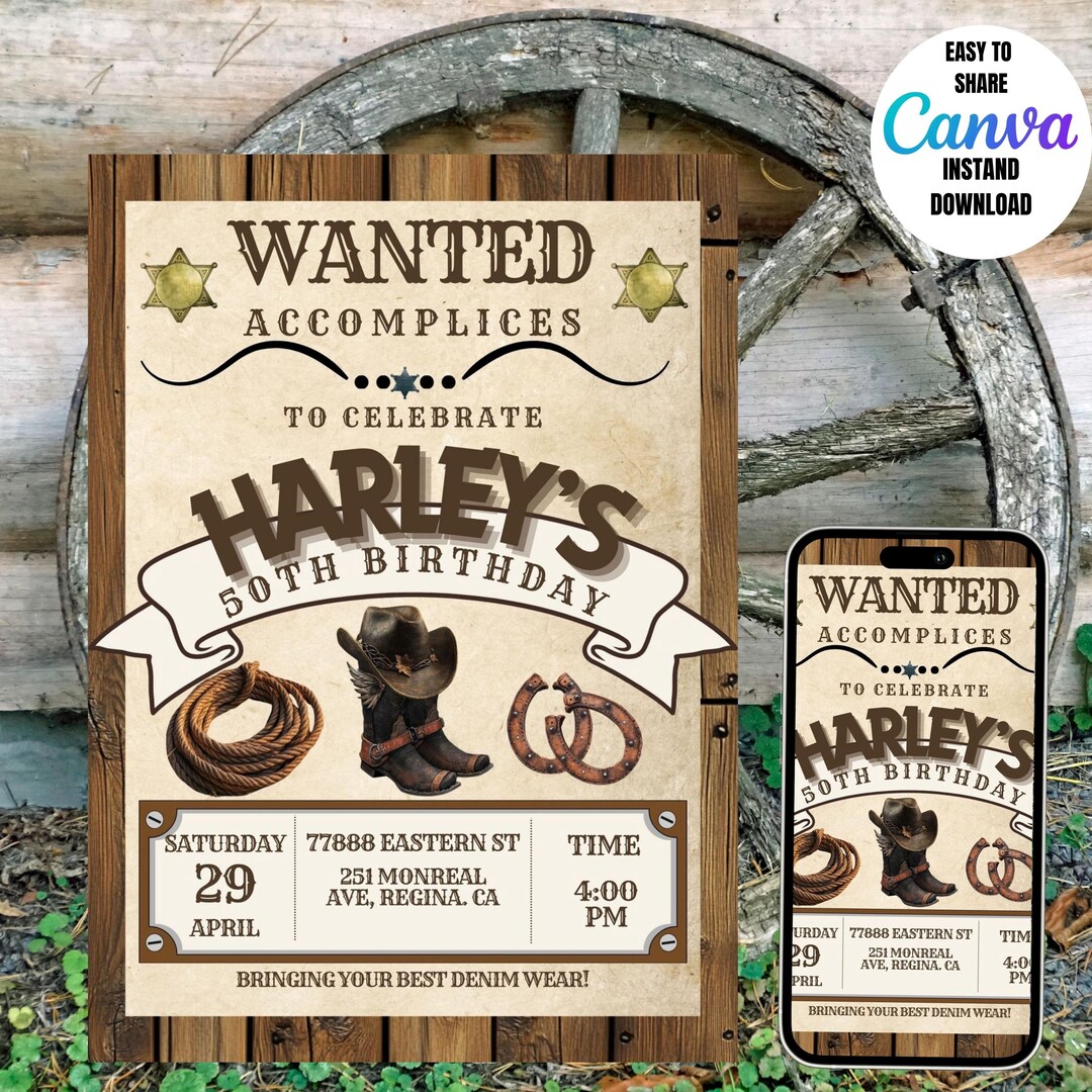 50TH Editable Country Western Invitation,wanted Cowboy Birthday ...