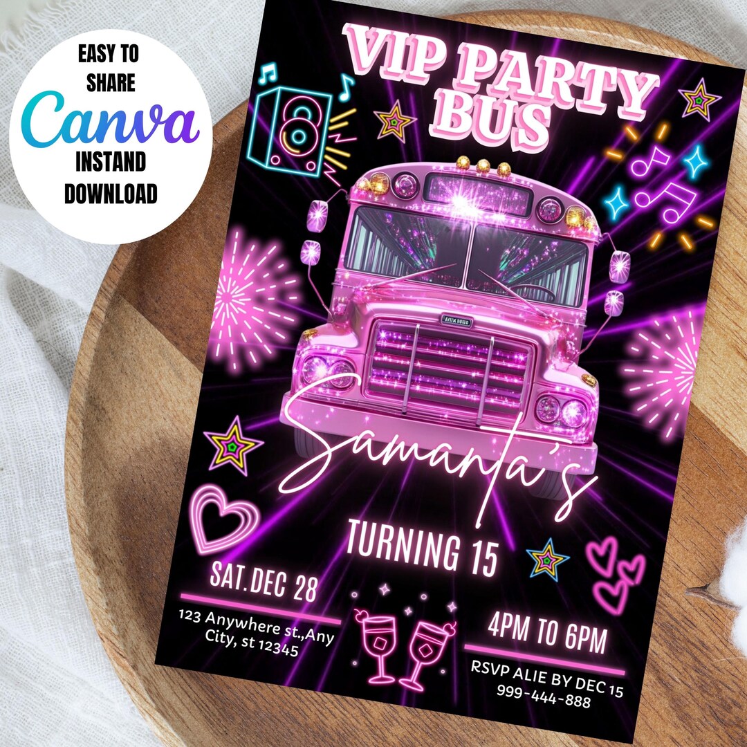 Retro Neon Party Bus 15TH Birthday Invitation,glow VIP Party Bus Invite ...