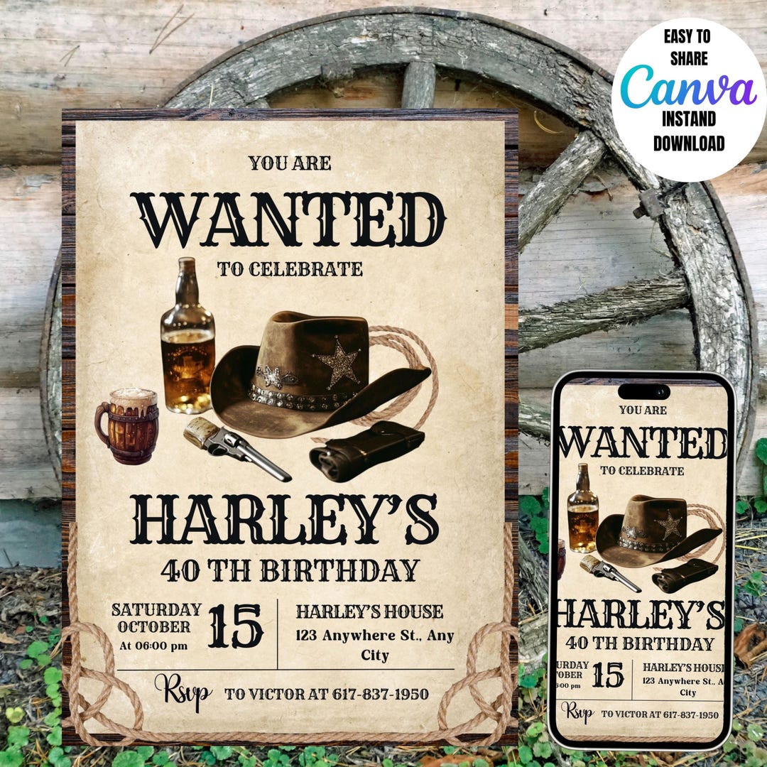 40TH Editable Country Western Invitation,wanted Cowboy Birthday ...