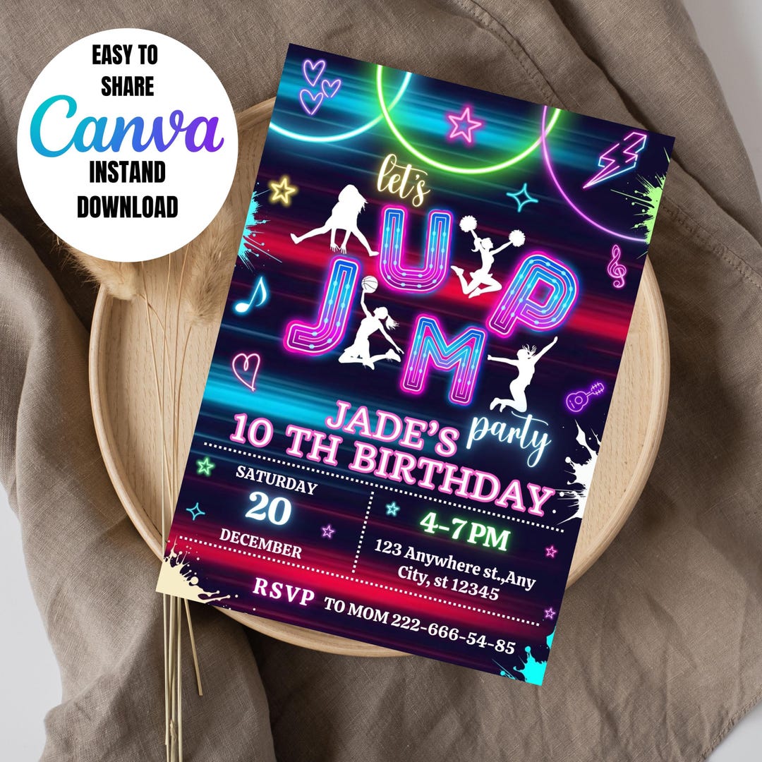 Editable Glow Girl Trampoline Park Birthday Party Invitation,bounce ...