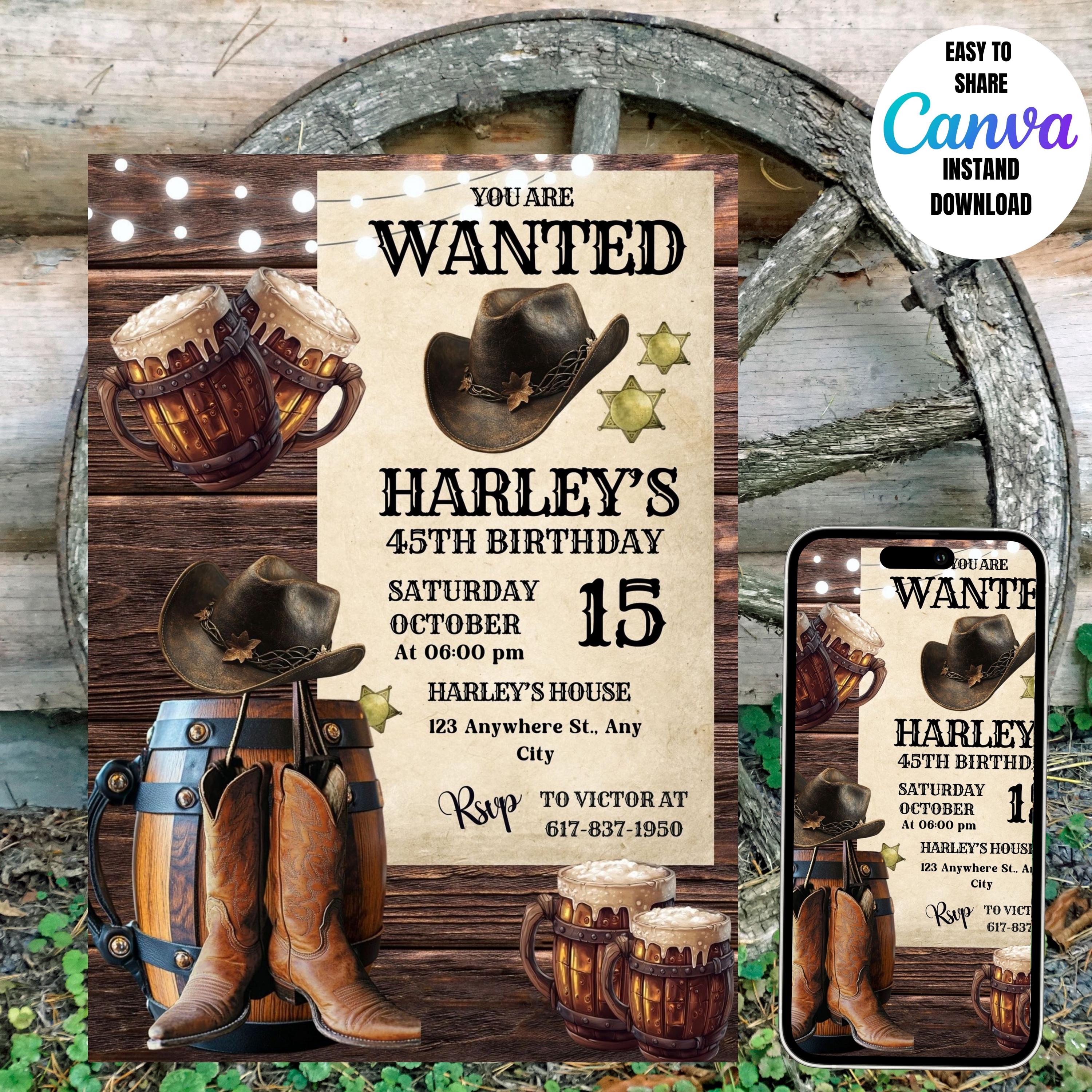 45TH Editable Country Western Invitation,wanted Cowboy Birthday ...