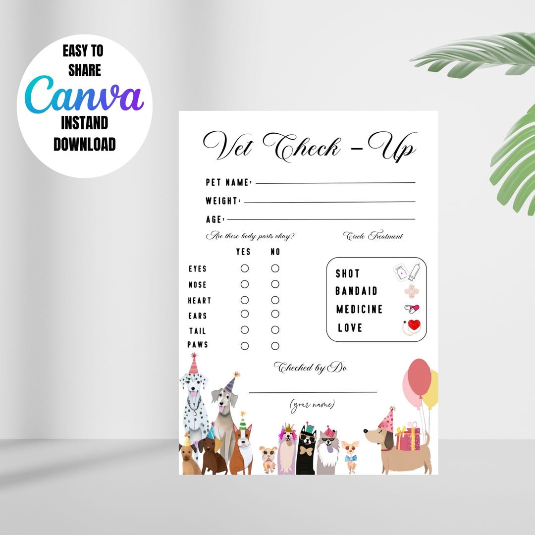 Vet Check up Exam Sheet Pet Check-up Dog Birthday Party Puppy Party ...