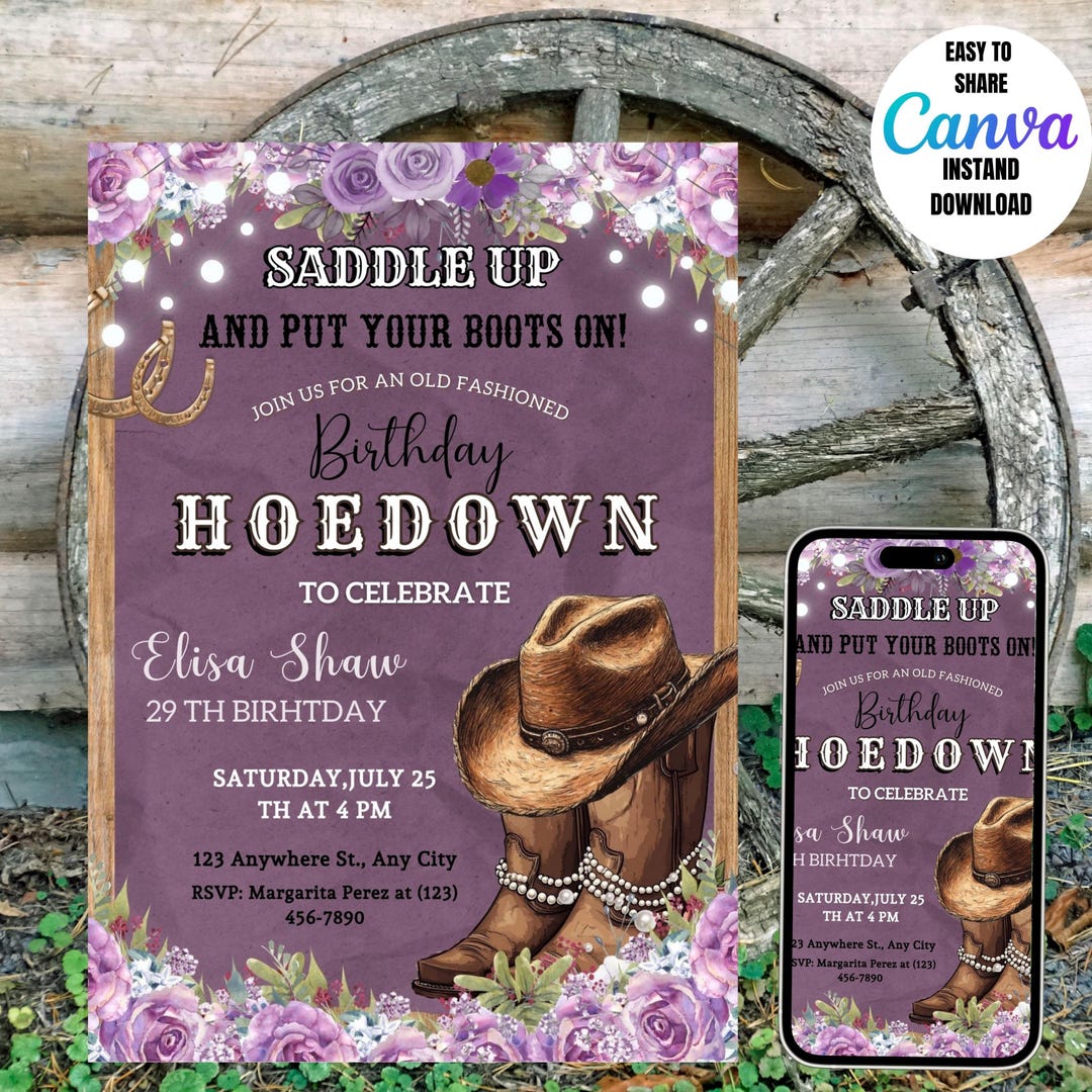 Purple 30th Hoedown Birthday Invitation,western Cowgirl Party Invite ...