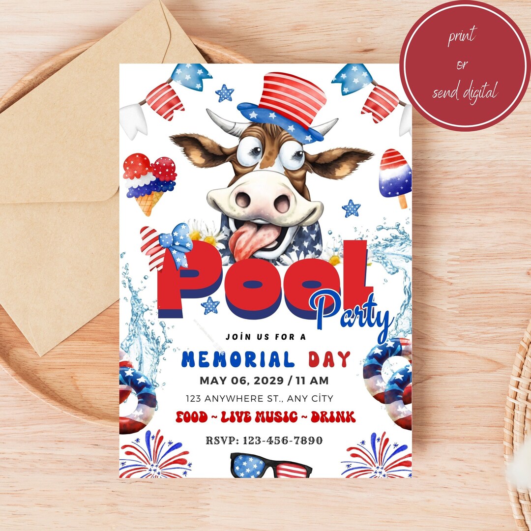 Memorial Day Pool Party Invitation,summer Pool Party Invite ...