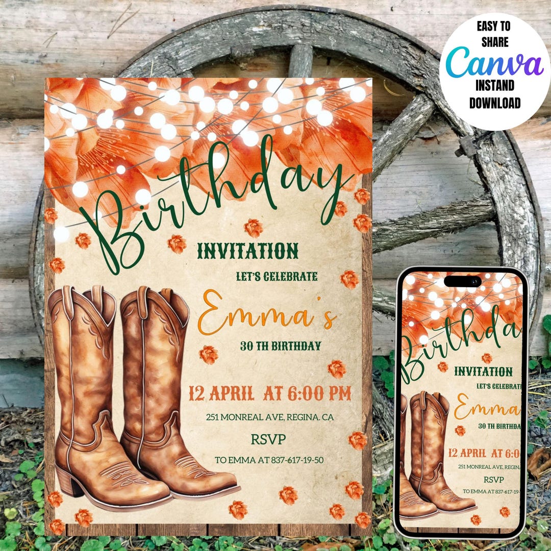 Plantilla imprimible de invitación con botas de vaquera con flores ...