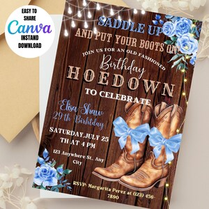 Edititable Blue Floral Hoedown Birthday Invitation Canva Template ...