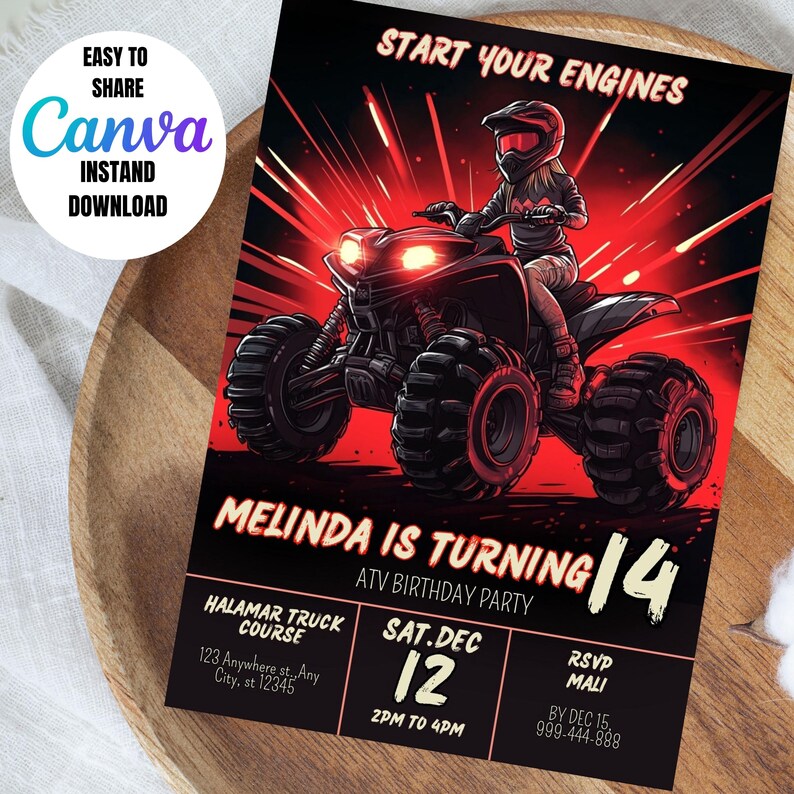 Editable ATV Quad Bike 14TH Birthday Party Canva Template Off-road ...