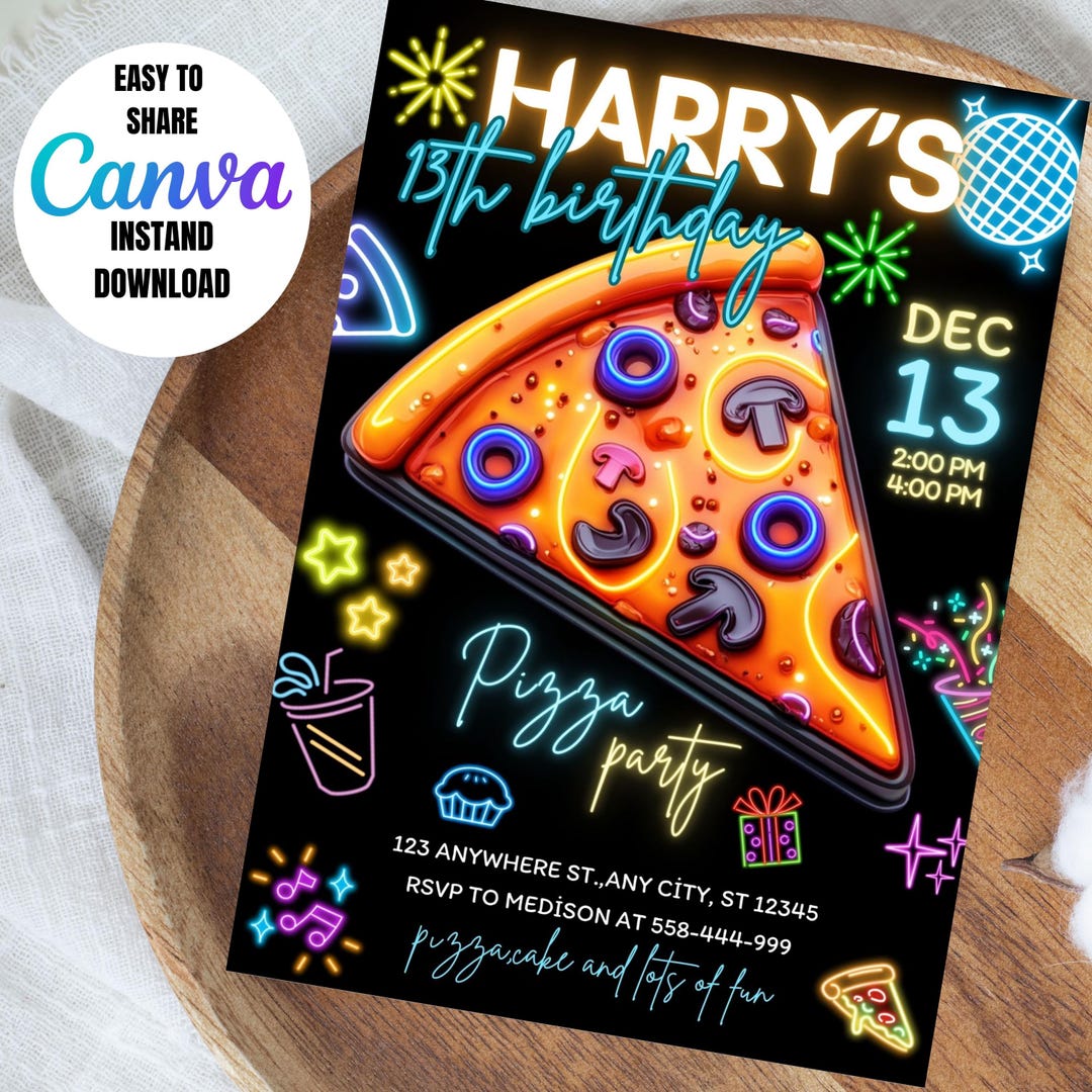 13th Neon Pizza Party Birthday Invitation Temp,italian Fun Glow Pizza ...
