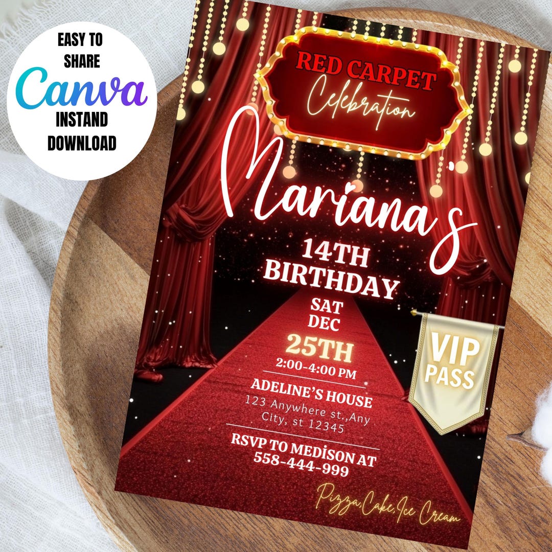 14TH Red Carpet Invitation, Star VIP Pass Birthday Party,glamorous ...