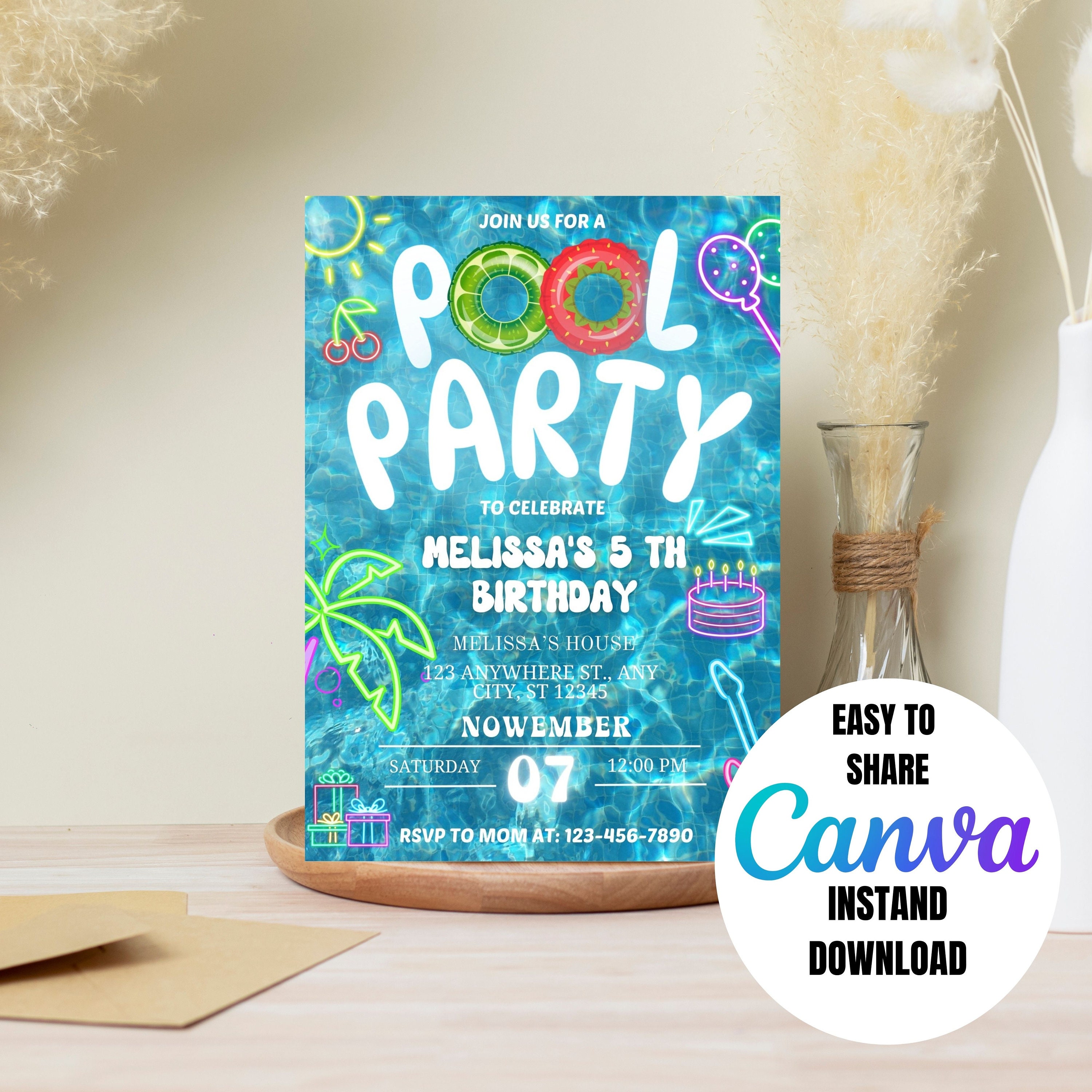 Neon Pool Party Birthday Invitation Girl,editable Neon Summer Evite ...