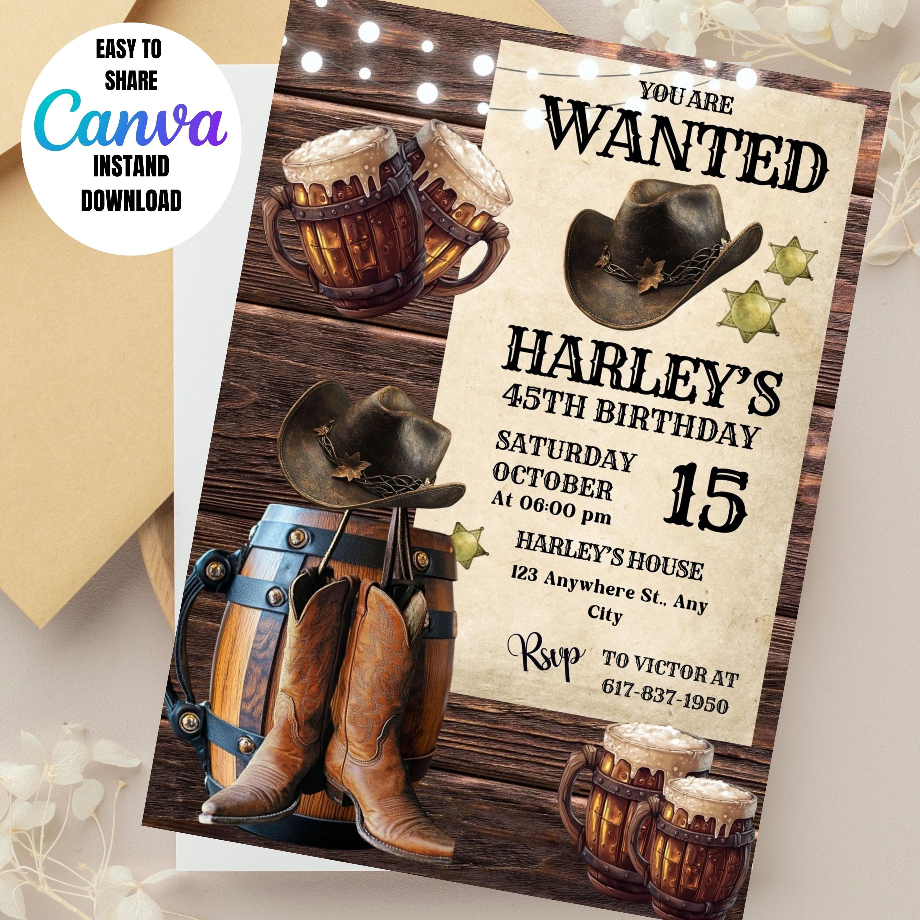 45TH Editable Country Western Invitation,wanted Cowboy Birthday ...