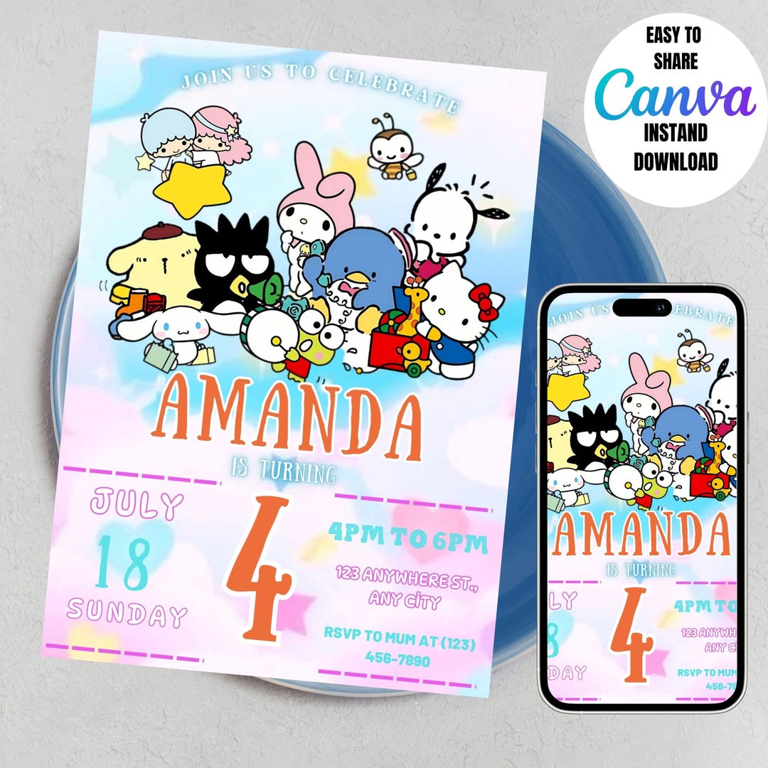 4th Kawaii Cat Invitation Template, Digital Kitty and Friends ...