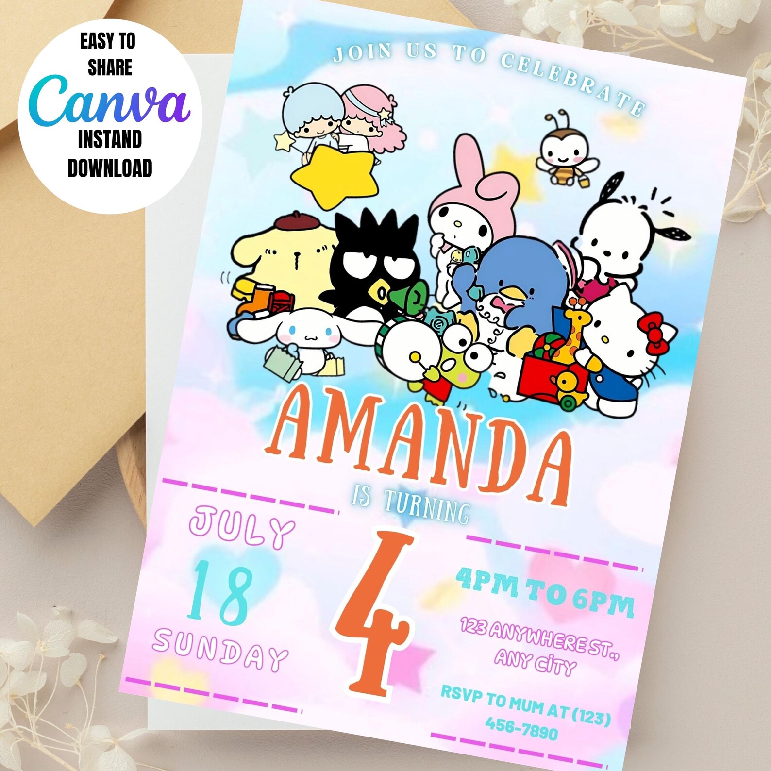 4th Kawaii Cat Invitation Template, Digital Kitty and Friends ...