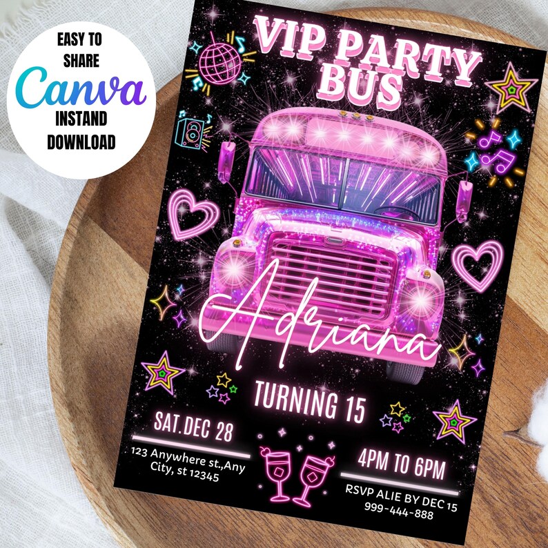 15TH Neon Party Bus Birthday Invitation,glow Retro VIP Party Bus Invite ...