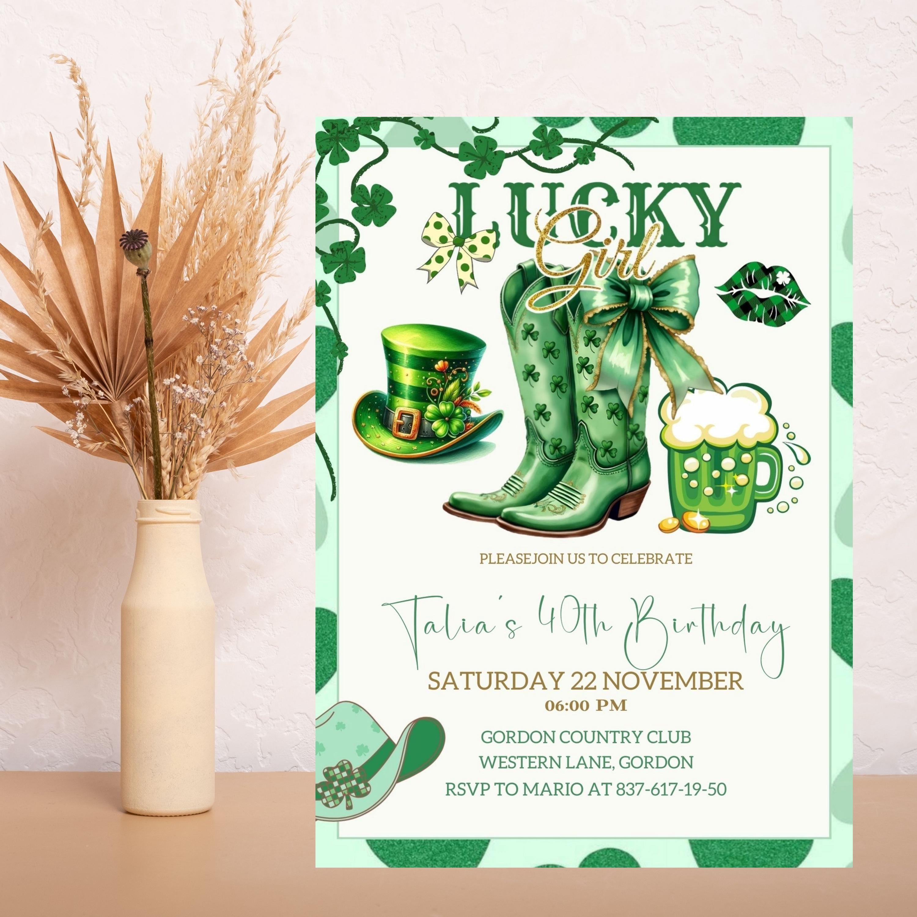St. Patrick's Lucky Gril Birthday Invitation Editable Canva Template ...