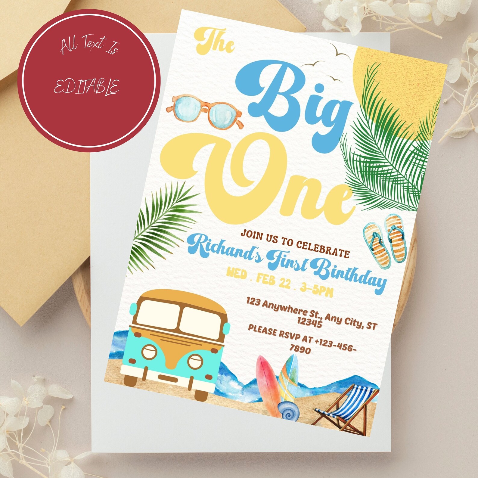 Editable Boy the Big One Birthday Invitation Surf 1st Birthday Party ...