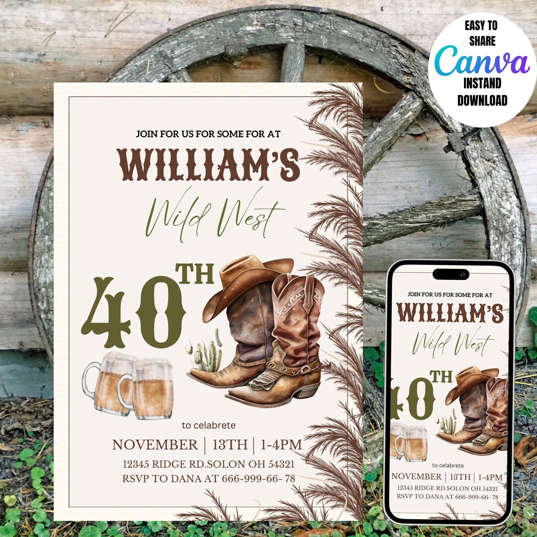 Editable Western 40th Birthday Party Invitation,wild West Cowboy ...