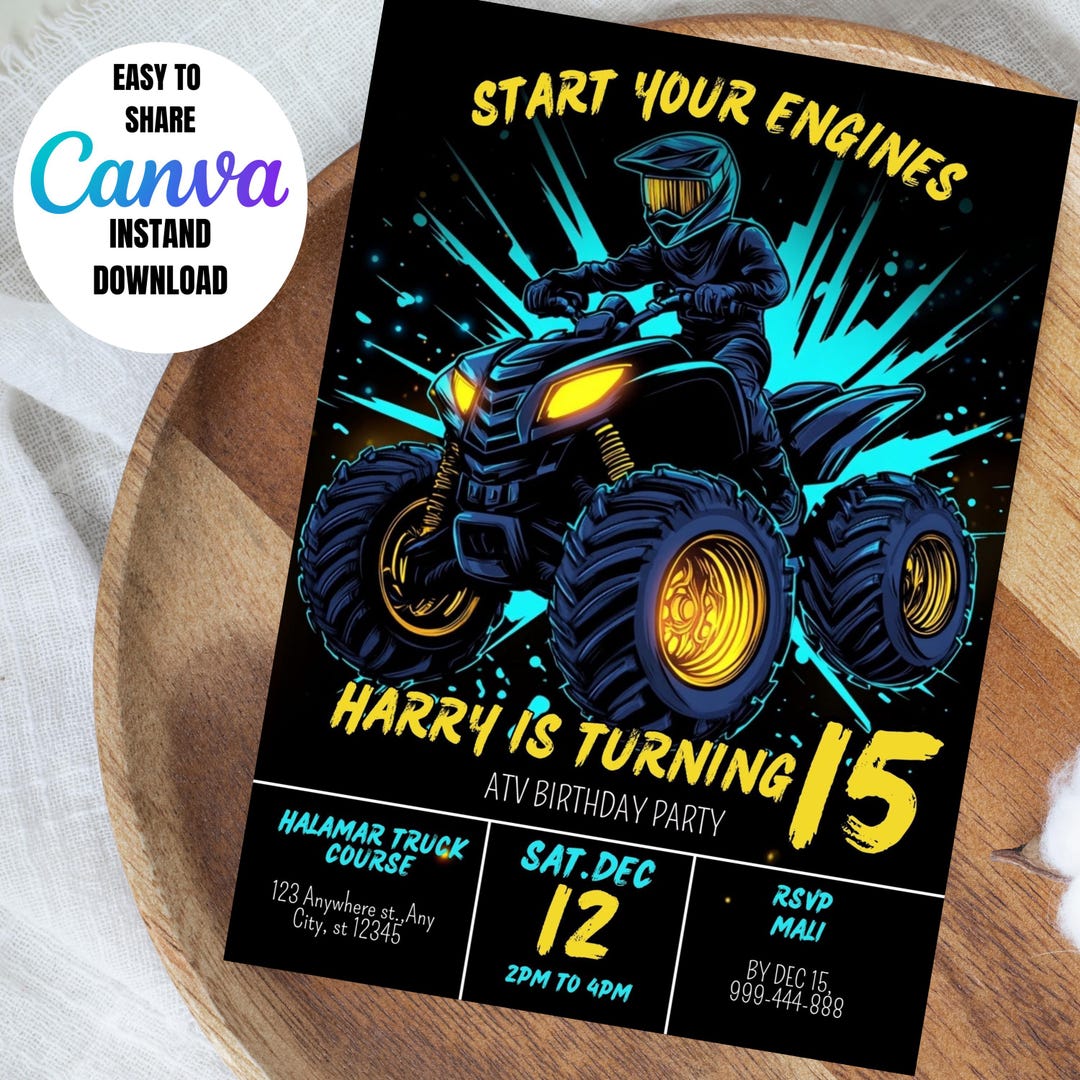 15TH ATV Birthday Invitation,quad Bike Party Ticket,editable Canva ...