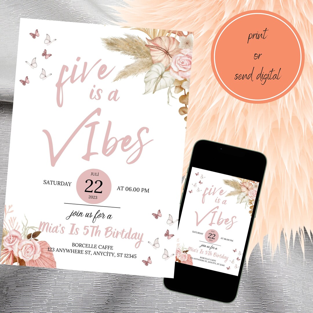 Editable Five is A Vibe Birthday Invitation,pampas Grass Bohemian ...