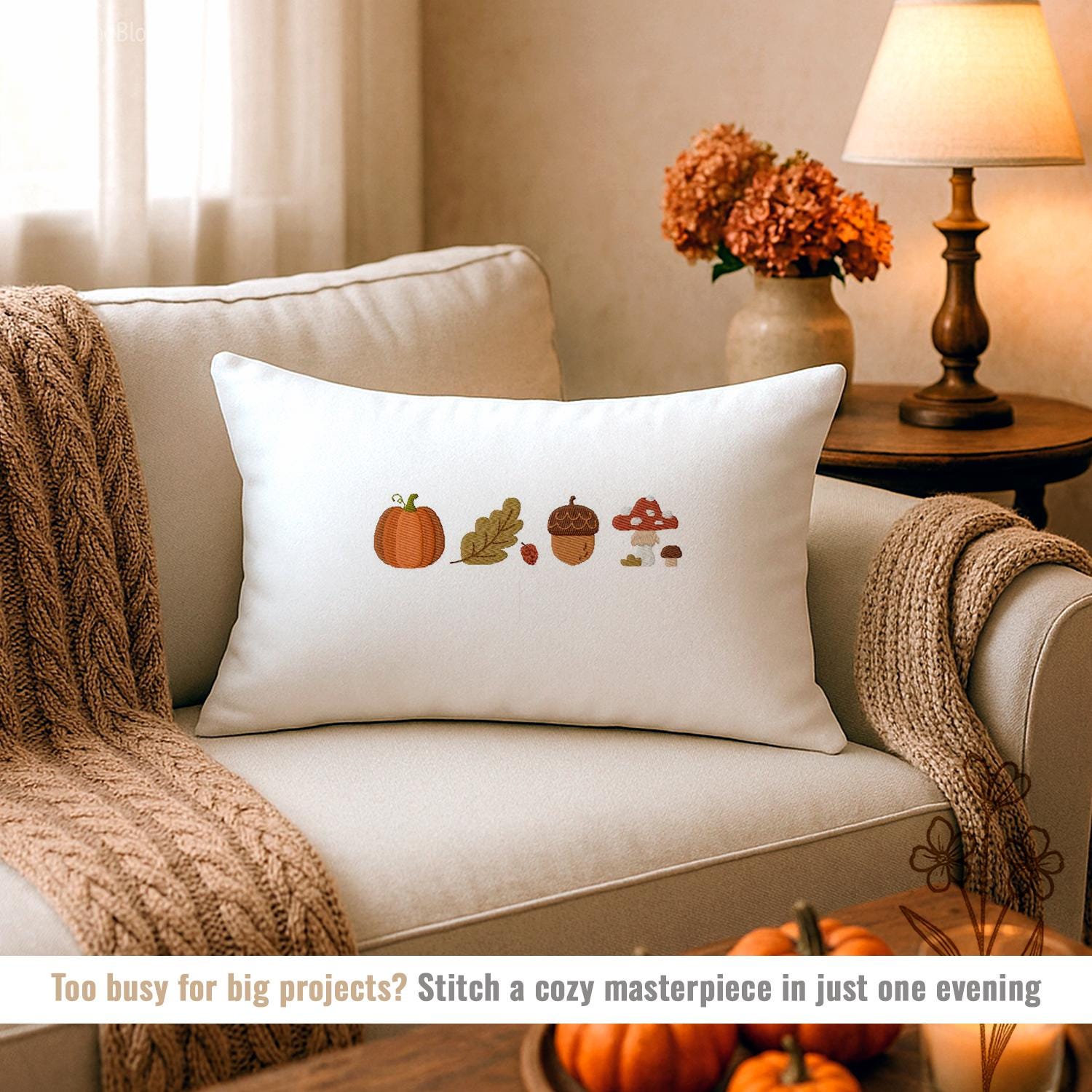 Fall Border Machine Embroidery Design, Pumpkin, Leaf, Acorn & Mushrooms ...