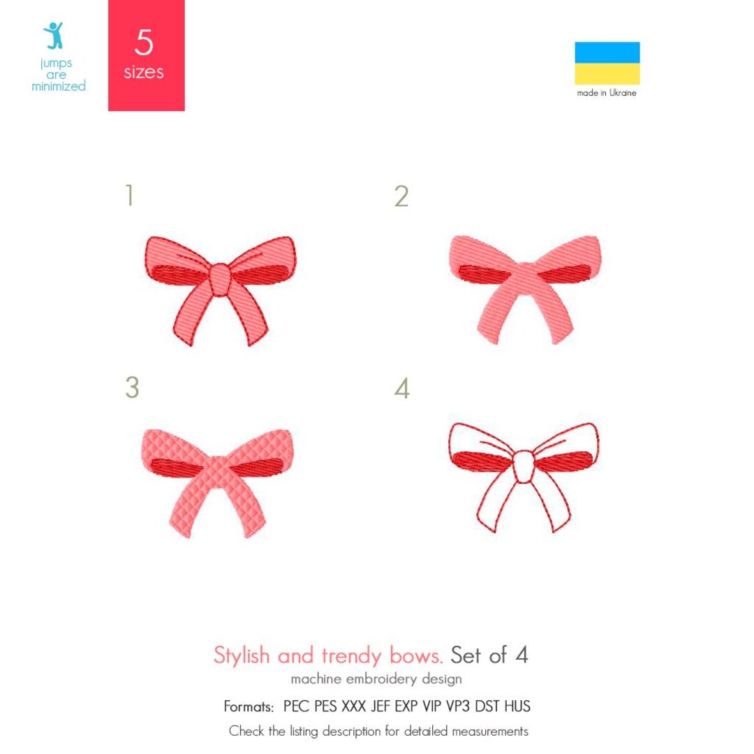 Bow Machine Embroidery Design: Set of 4, Elegant Cute Ribbon Bow ...