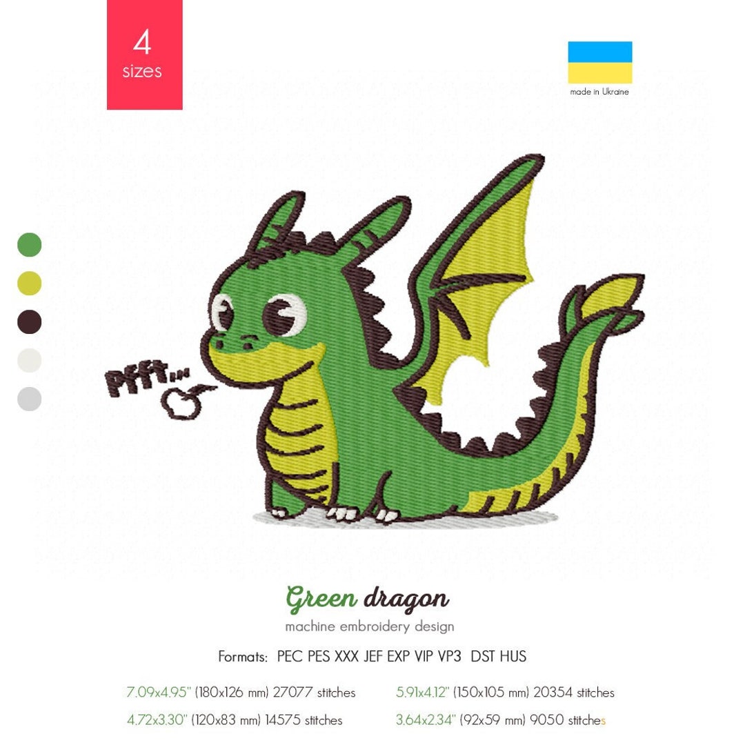 Cute Green Dragon Machine Embroidery Design (digital Download) - Etsy