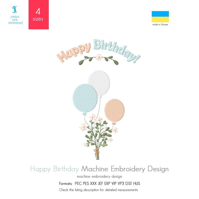 Happy Birthday Embroidery Design – Balloons & Floral Stitch – Machine ...