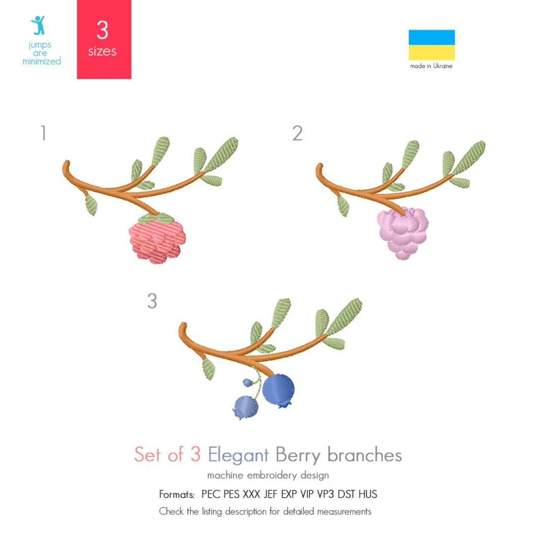 Berry Branch Embroidery Design Set – Blueberry, Flower, Blackberry ...