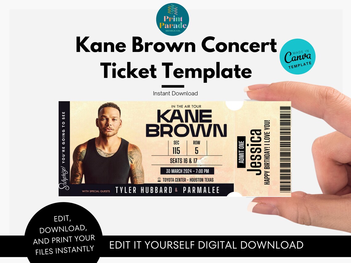 Editable Concert or Ticket Stub Kane Brown in the Air Concert Tour L ...