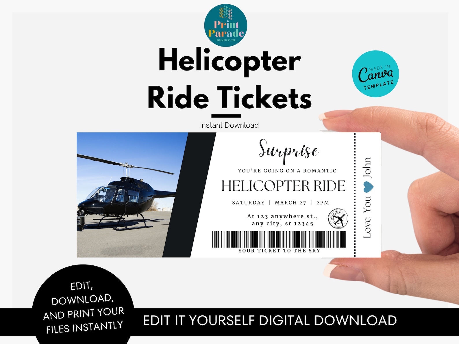 Helicopter Ride Ticket L Printable Tickets L Editable Voucher L Gift ...