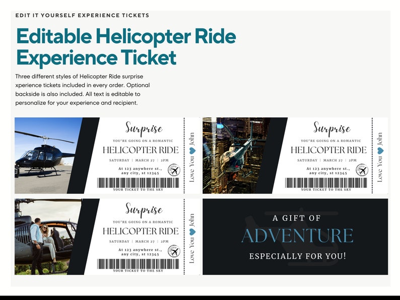 Helicopter Ride Ticket L Printable Tickets L Editable Voucher L Gift ...