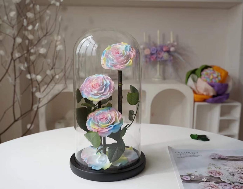 Handmade Preserved Rose Trio in Glass Dome: Everlasting Floral Display ...