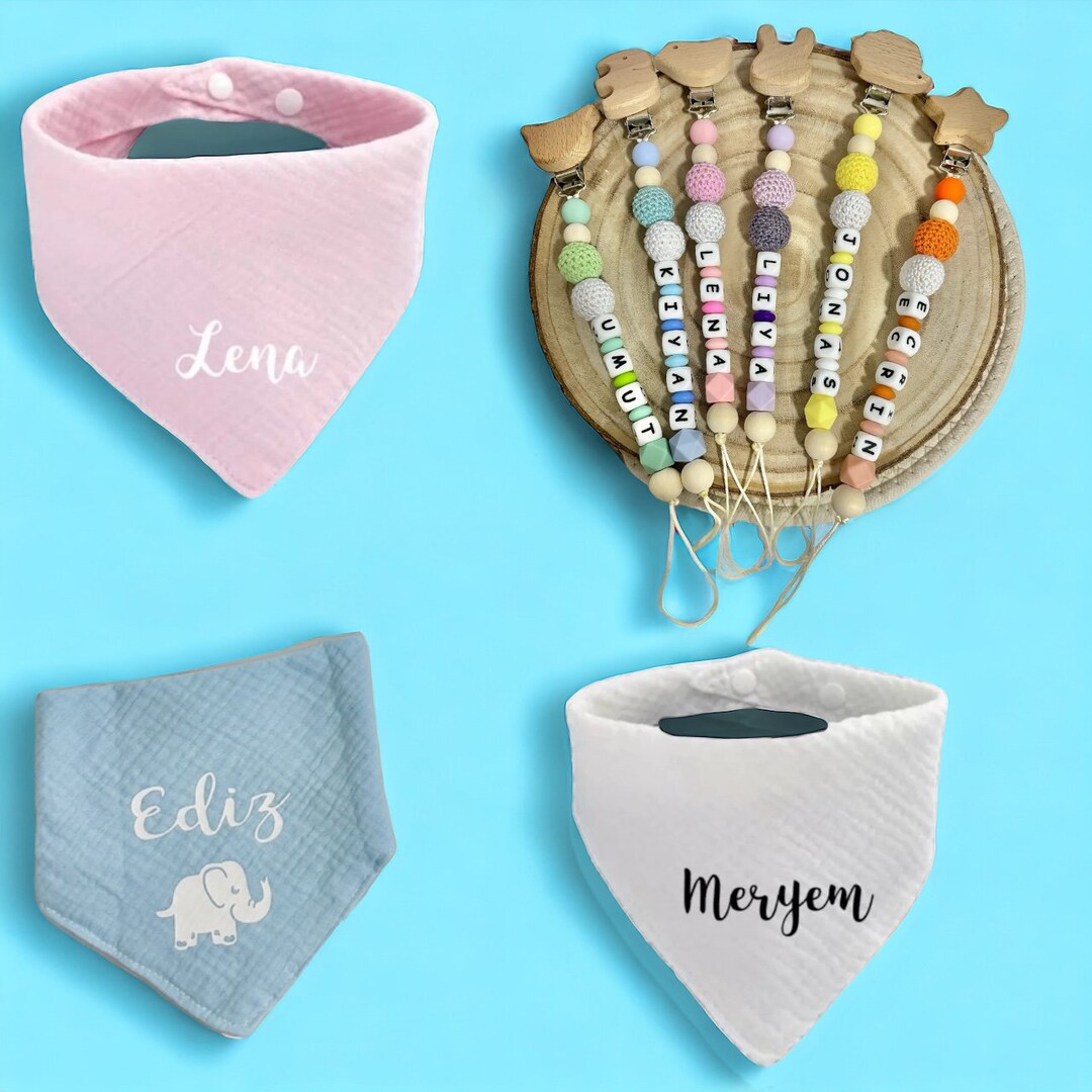 Personalized Pacifier Chain and Baby Bib With Name, Motif, and Crochet ...