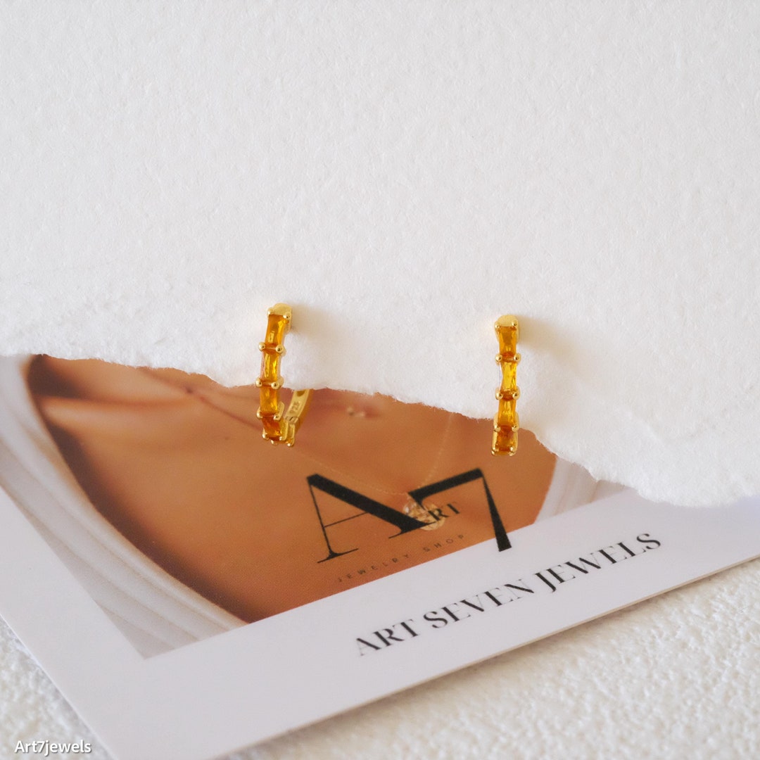Gold Baguette Citrine Earrings, Dainty Citrine Huggie Earrings, Small ...