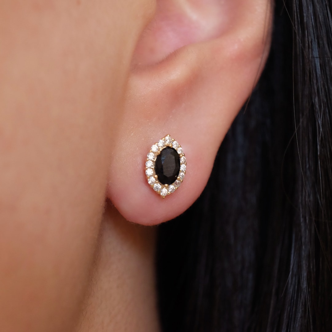 Dainty Black Onyx Earrings, Black Onyx Stud Earrings, 14K Gold Plated ...