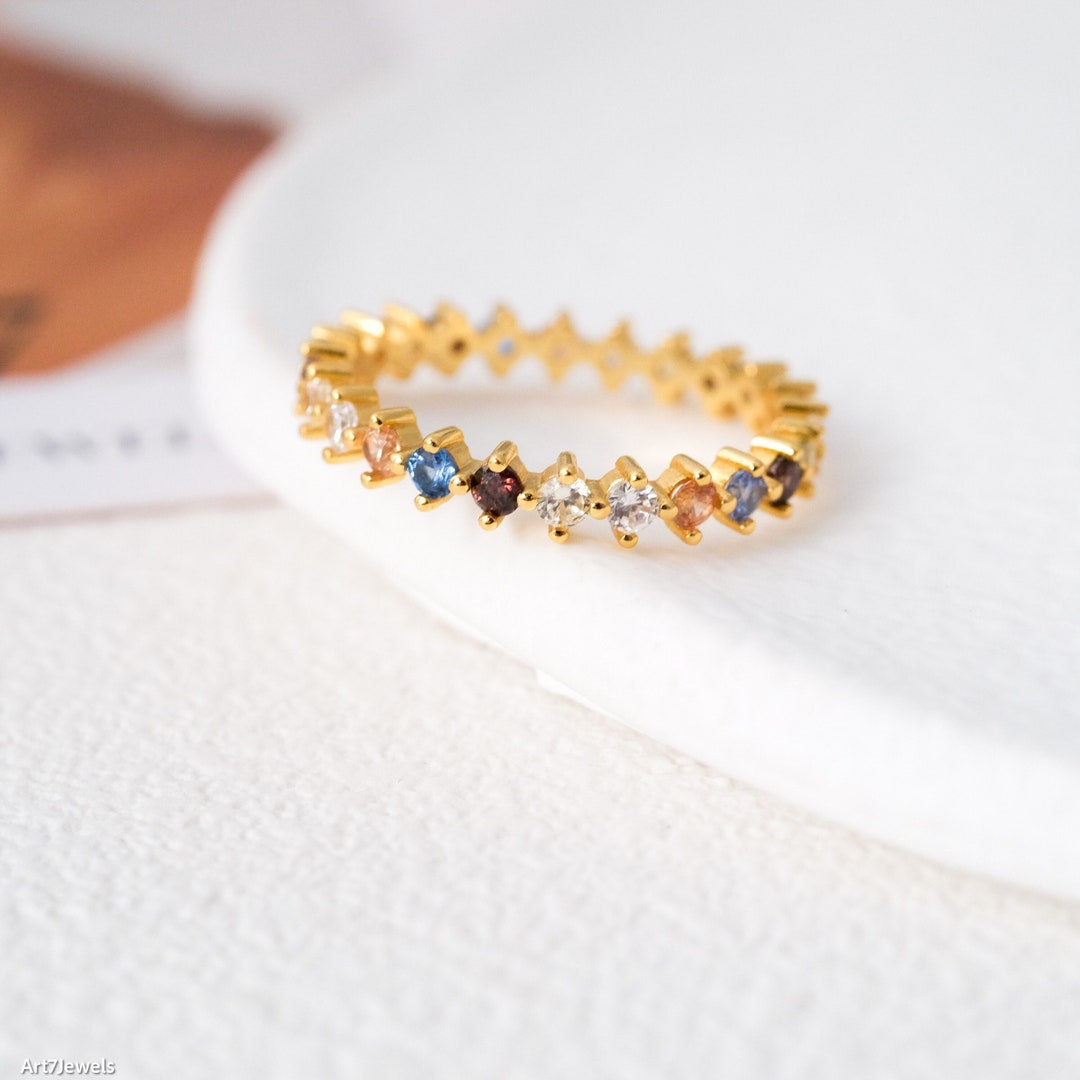 18k Gold Rainbow Ring, Crystal Eternity Ring, Multi-stone Rings ...