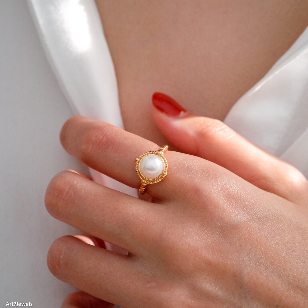 Dainty One Pearl Ring, Freshwater Pearl Engagement Ring, Elegant 8mm ...