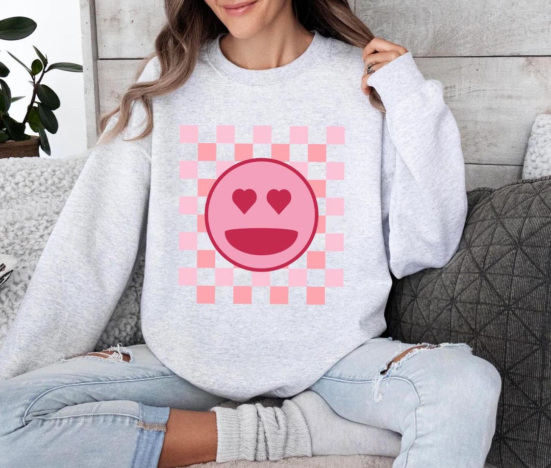 Checkered Smiley Sweatshirt, Smiley Face Sweatshirt, Retro Printed ...